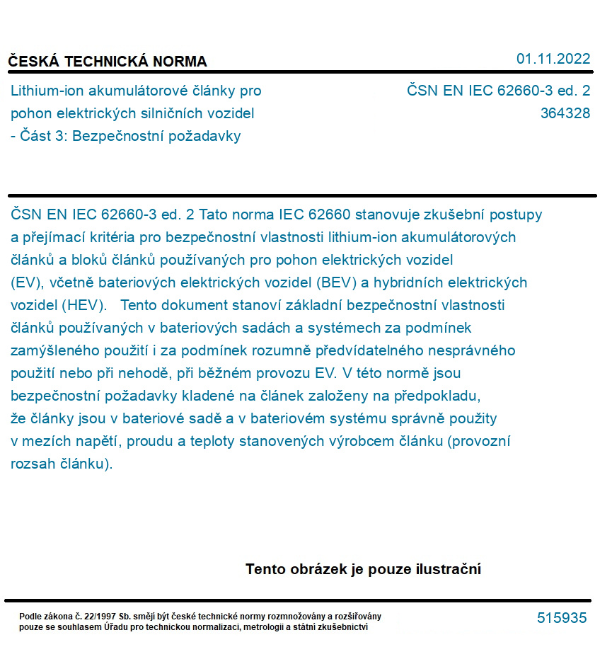 ČSN EN IEC 62660-3 ed. 2 - Lithium-ion akumulátorové články pro pohon ...